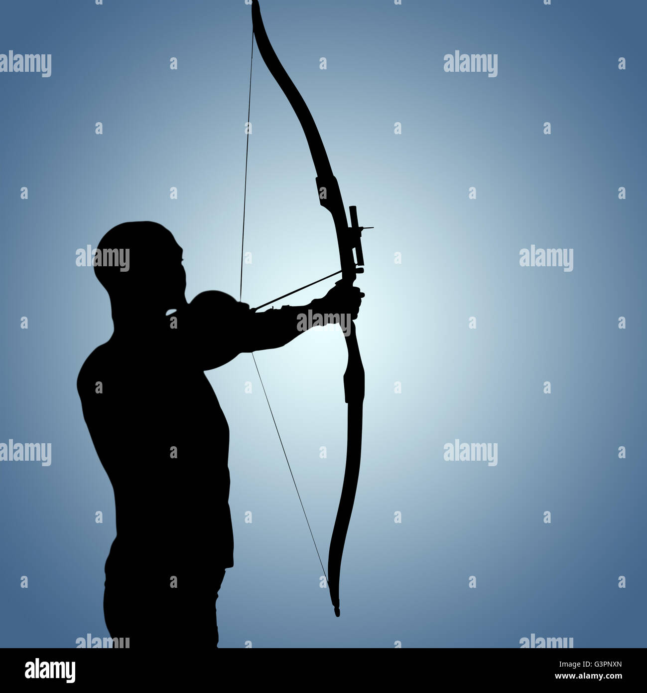 Composite image of rear view of sportsman doing archery on a white ...