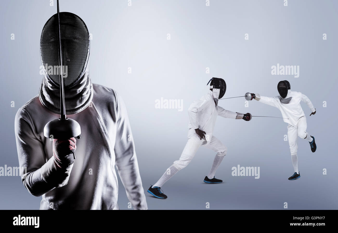 Composite image of man wearing fencing suit practicing with sword Stock ...