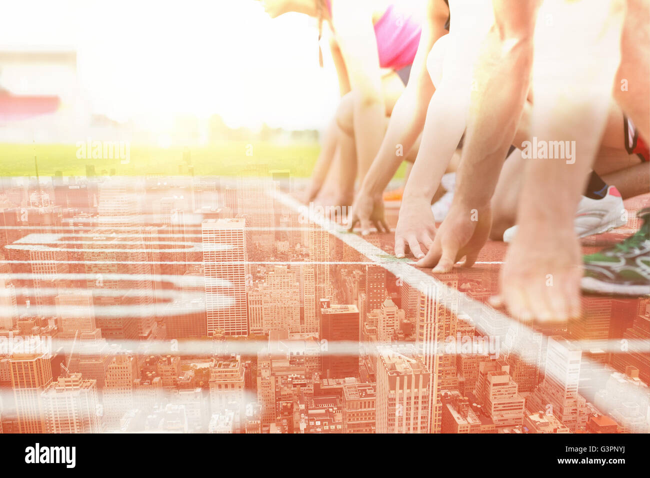 Composite image of side view of cropped people ready to race on track ...