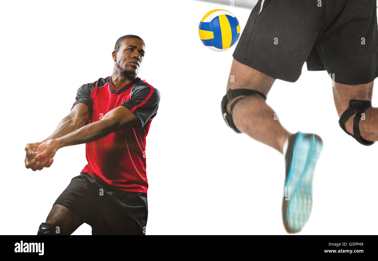 Composite image of rear view of sportsman posing while playing ...