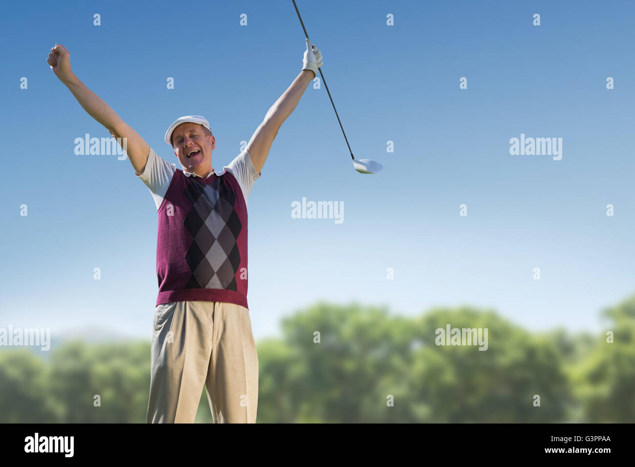 Golf player raising arms Stock Photo - Alamy