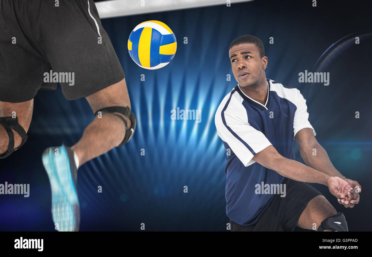 Composite image of rear view of sportsman posing while playing ...