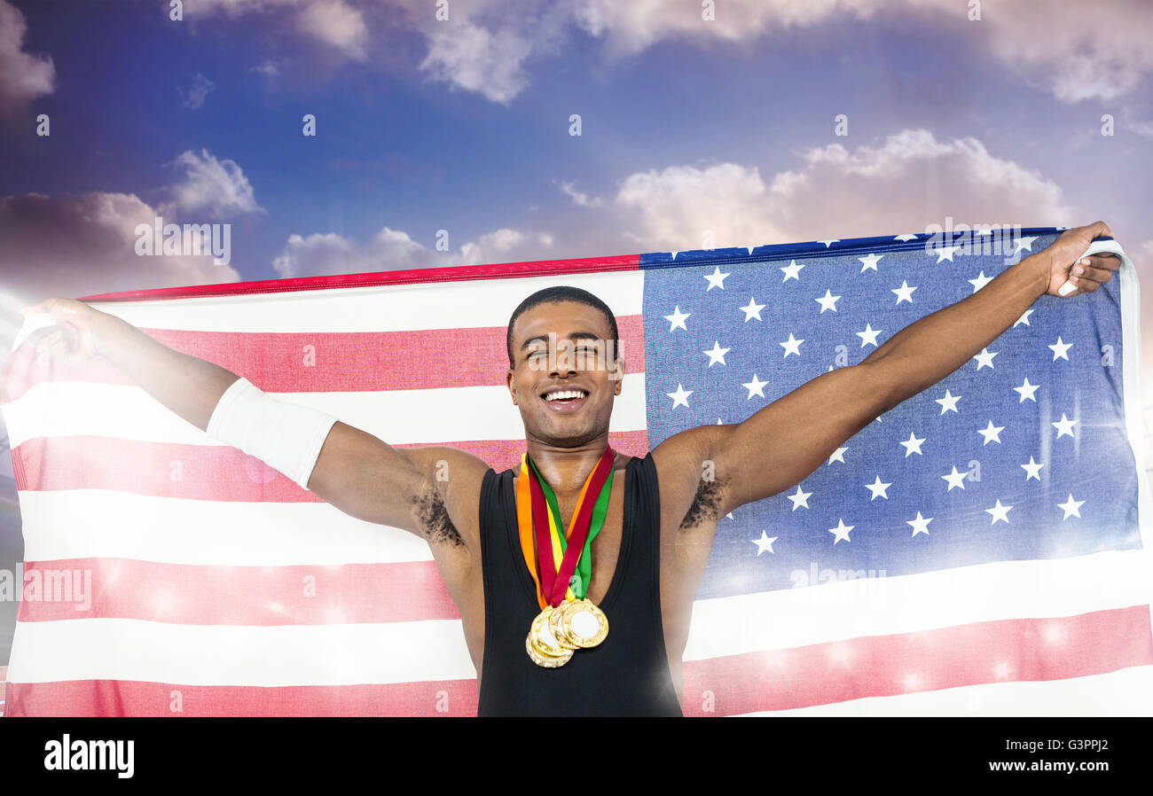 Composite image of athlete holding gold medals and american flag Stock ...