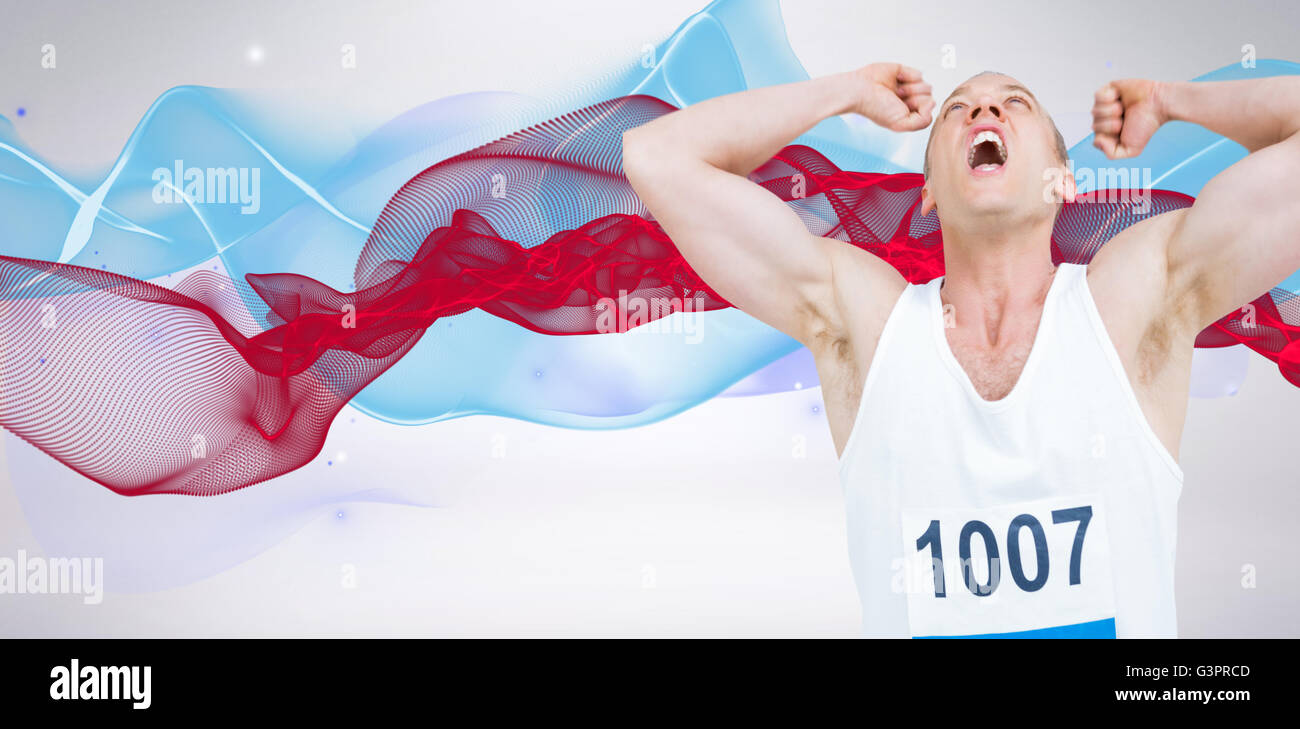 Composite image of young athlete winning race Stock Photo - Alamy