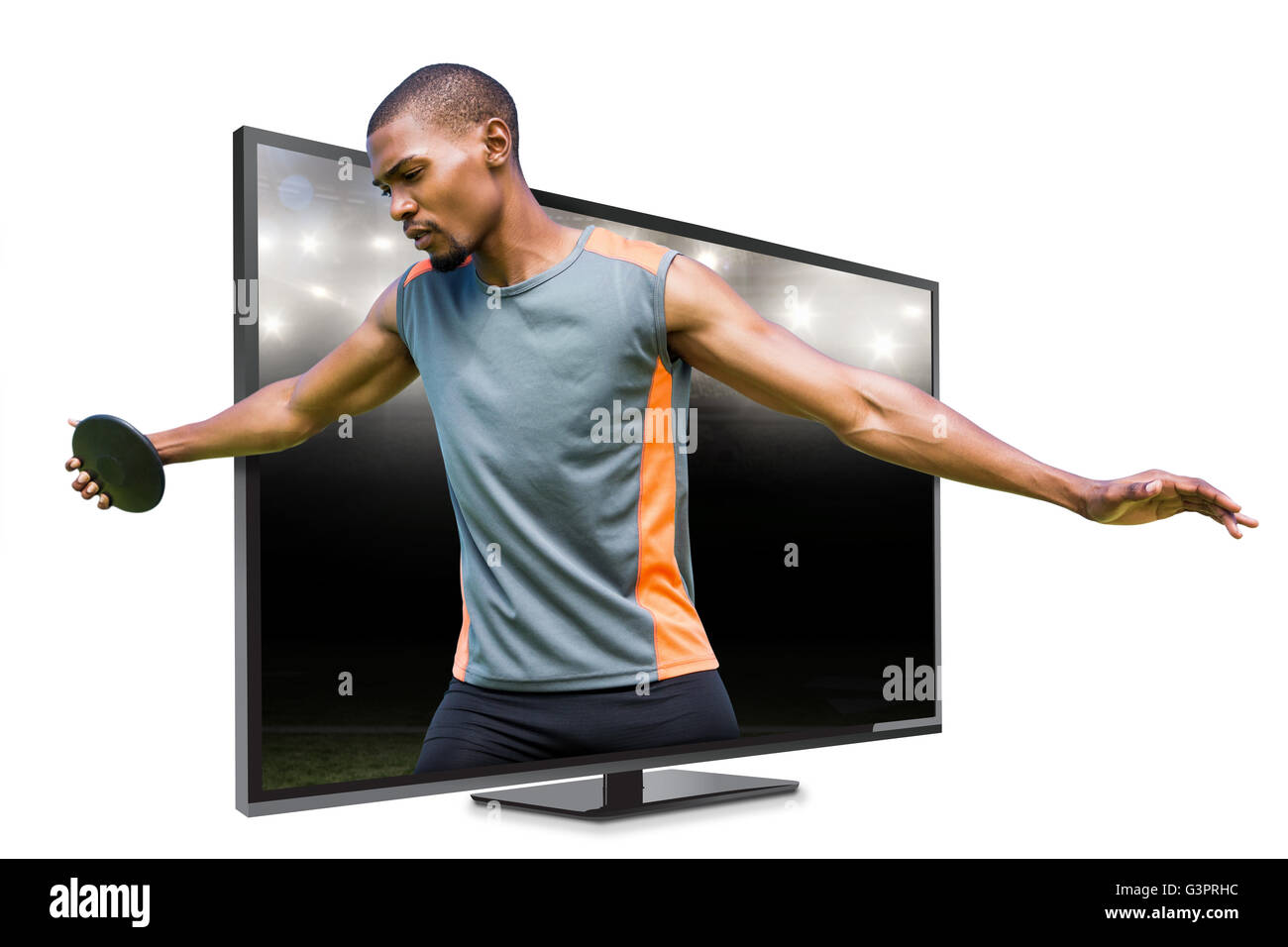 Composite image of front view of sportsman practising discus throw ...