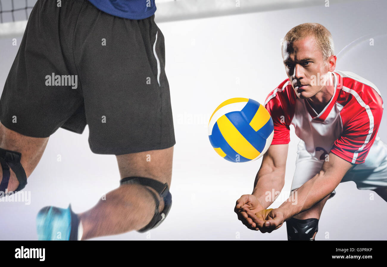 Composite image of rear view of sportsman posing while playing ...