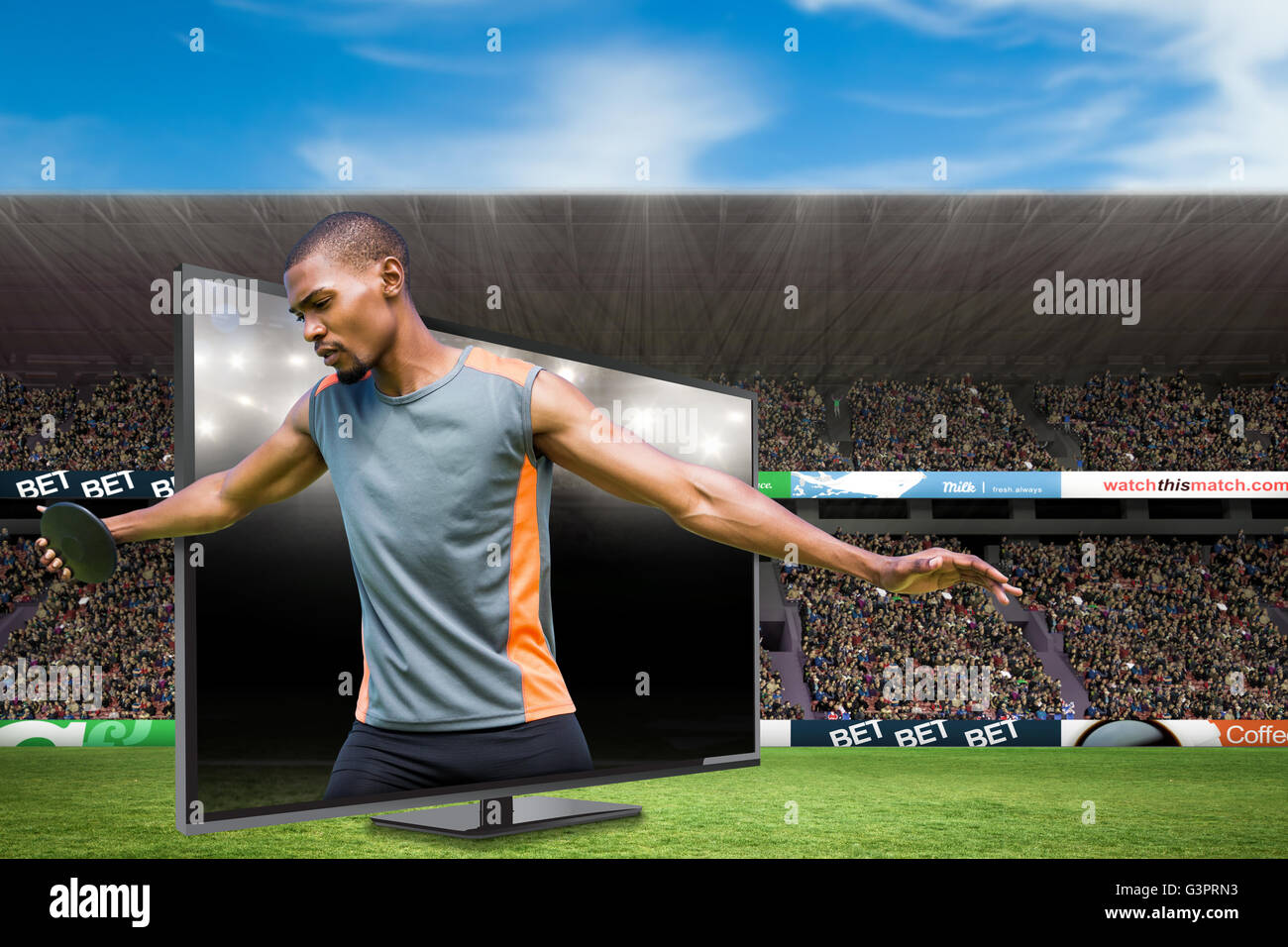 Composite image of front view of sportsman practising discus throw ...