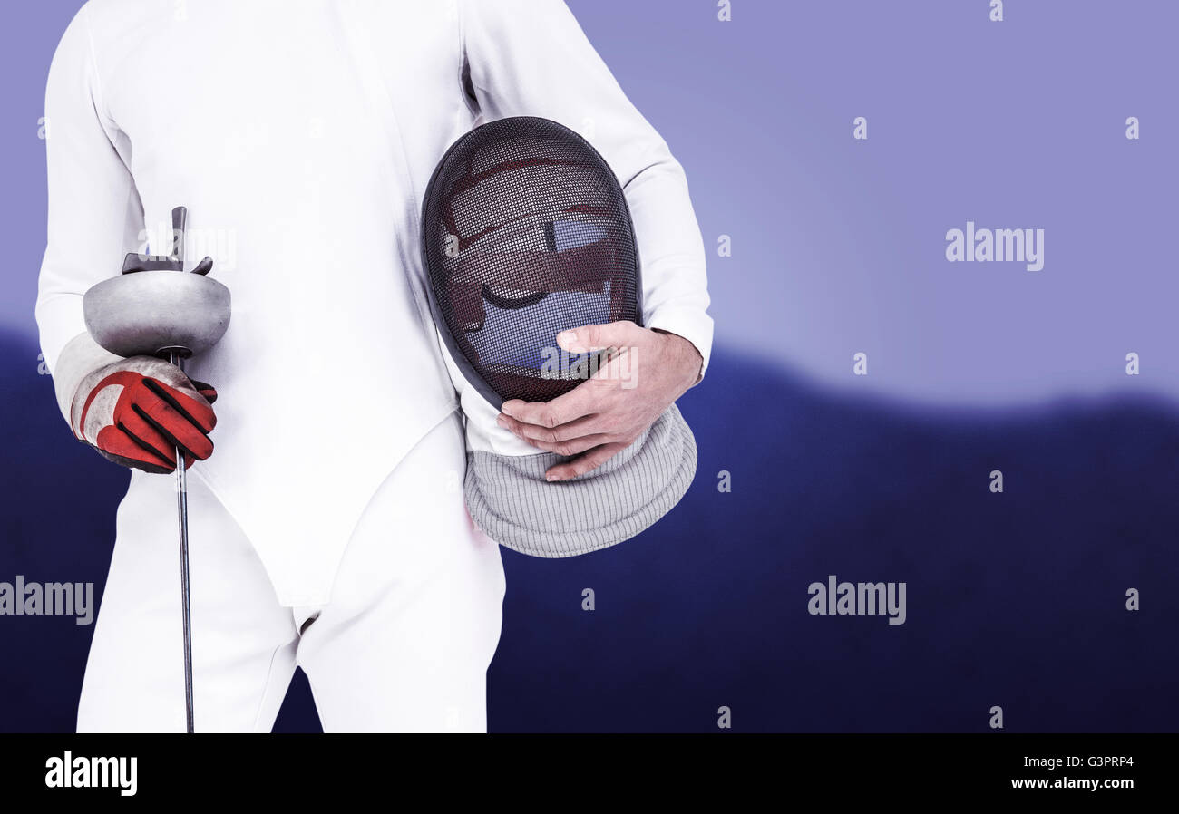 Composite image of swordsman holding fencing mask and sword Stock Photo ...