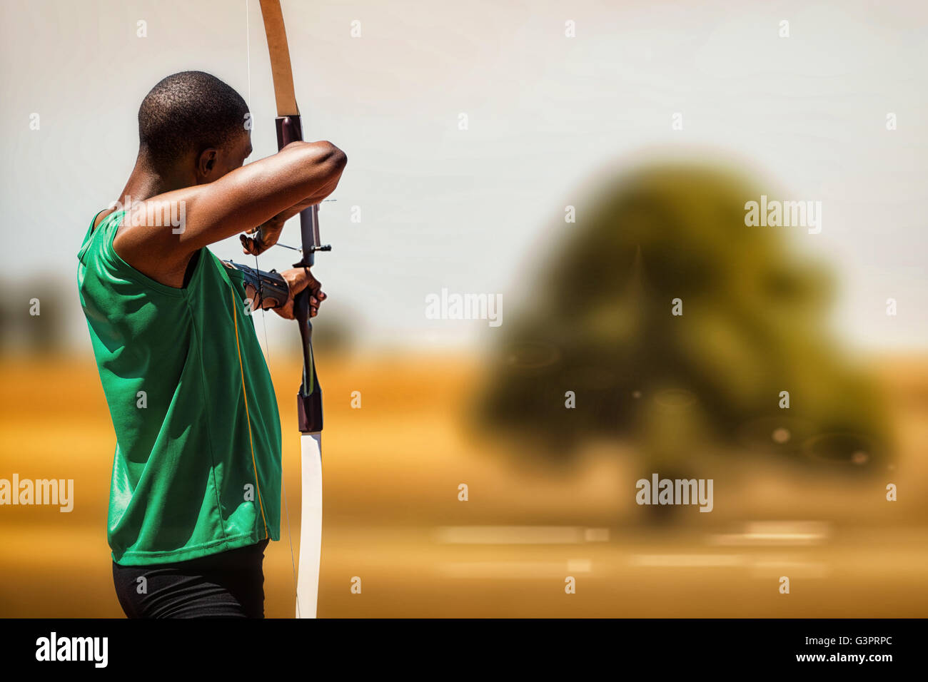 Composite image of rear view of sportsman doing archery on a white ...
