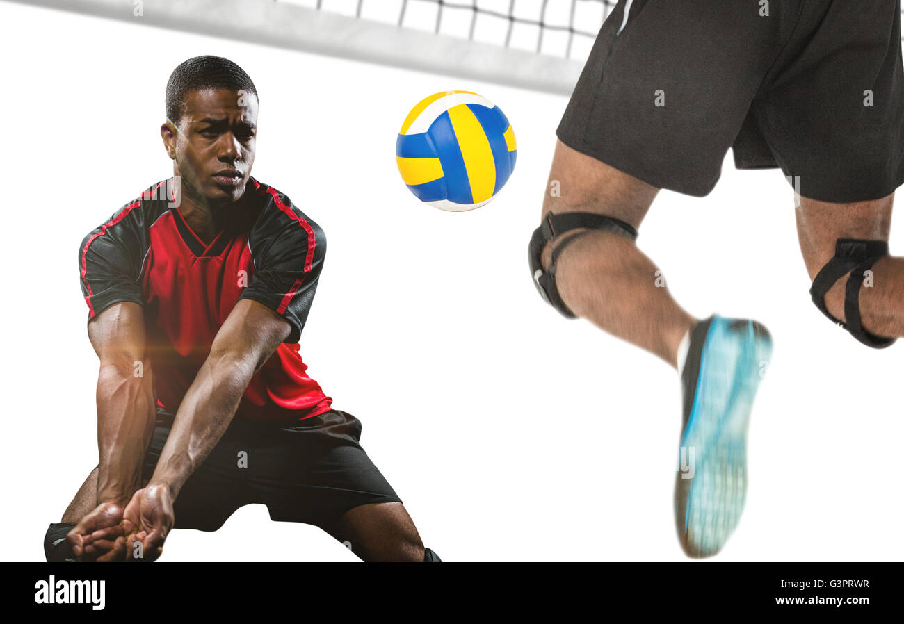 Composite image of rear view of sportsman posing while playing ...