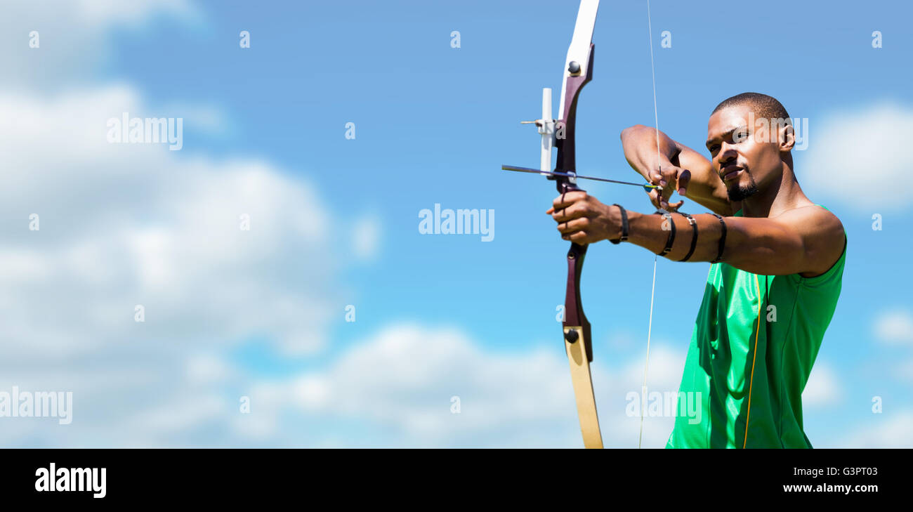 Composite image of facing view of man practicing archery against white ...