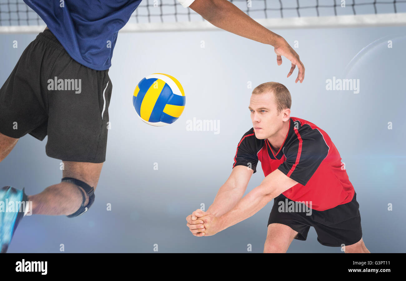 Composite image of rear view of sportsman posing while playing ...