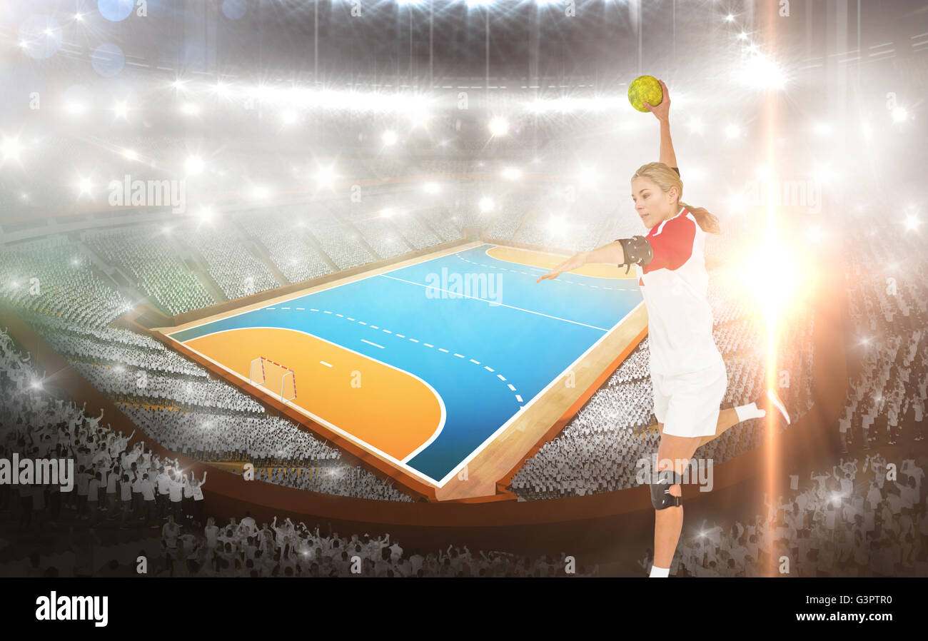 Composite image of sportswoman throwing a ball Stock Photo - Alamy