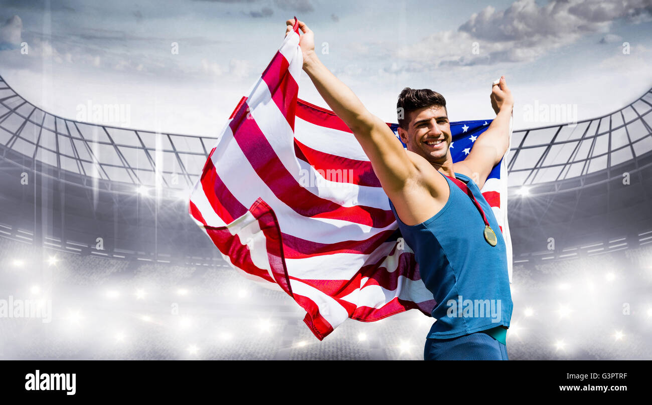 Composite image of sportsman celebrating his victory with American flag ...