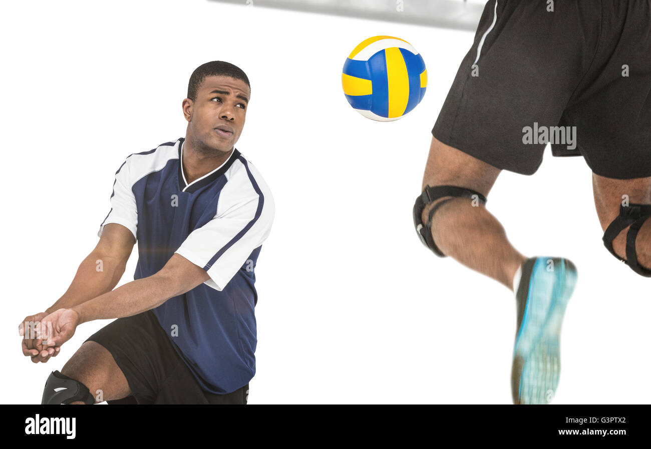 Composite image of rear view of sportsman posing while playing ...