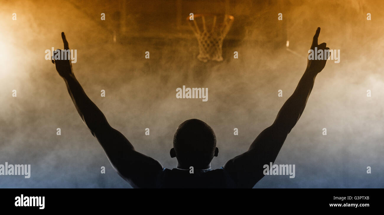 Rear view of a basketball player with his arms in the air Stock Photo ...