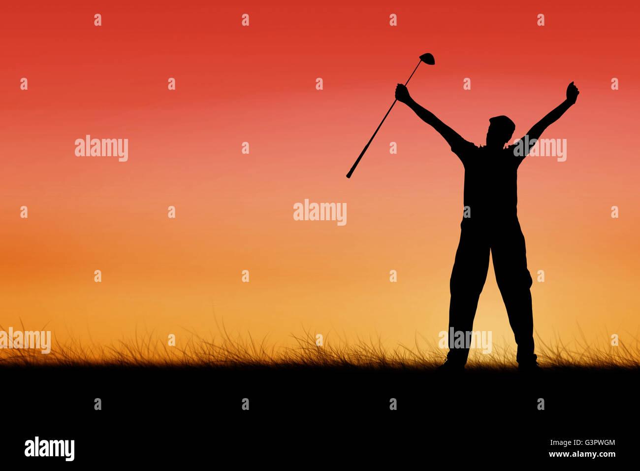 Composite image of golf player raising arms Stock Photo - Alamy