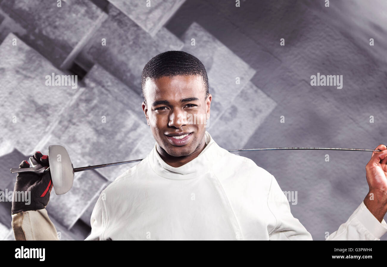 Composite image of portrait of swordsman standing with sword Stock ...