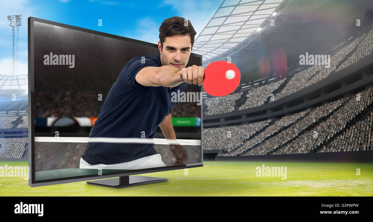 Composite image of portrait of male athlete playing table tennis Stock ...