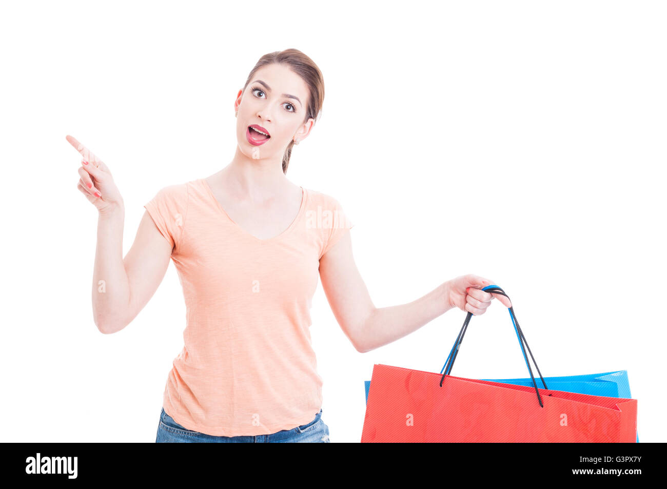 Young lady customer having great idea and holding shopping bags ...
