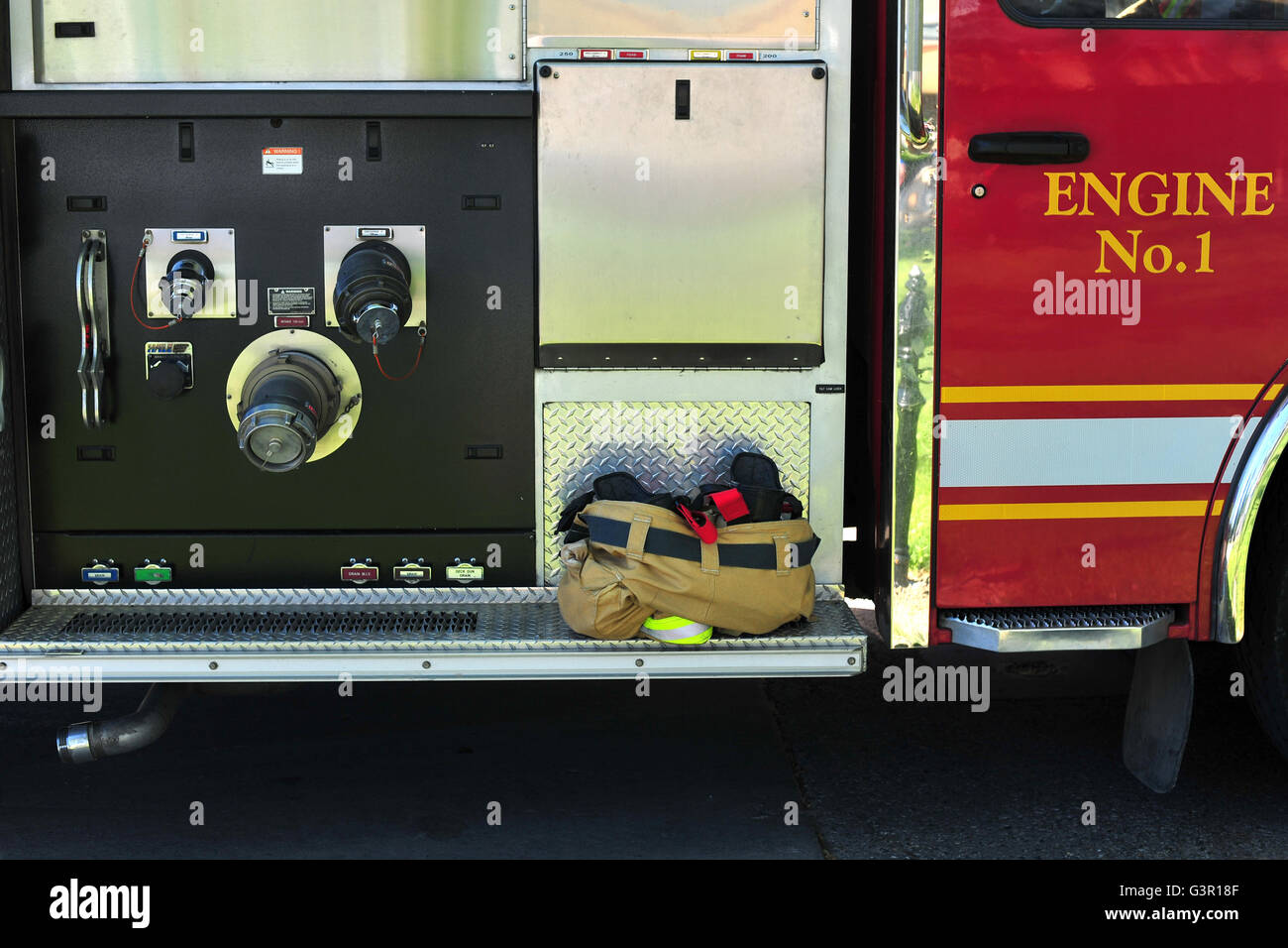 Compartments on the side of a Canadian fire engine in London, Ontario ...