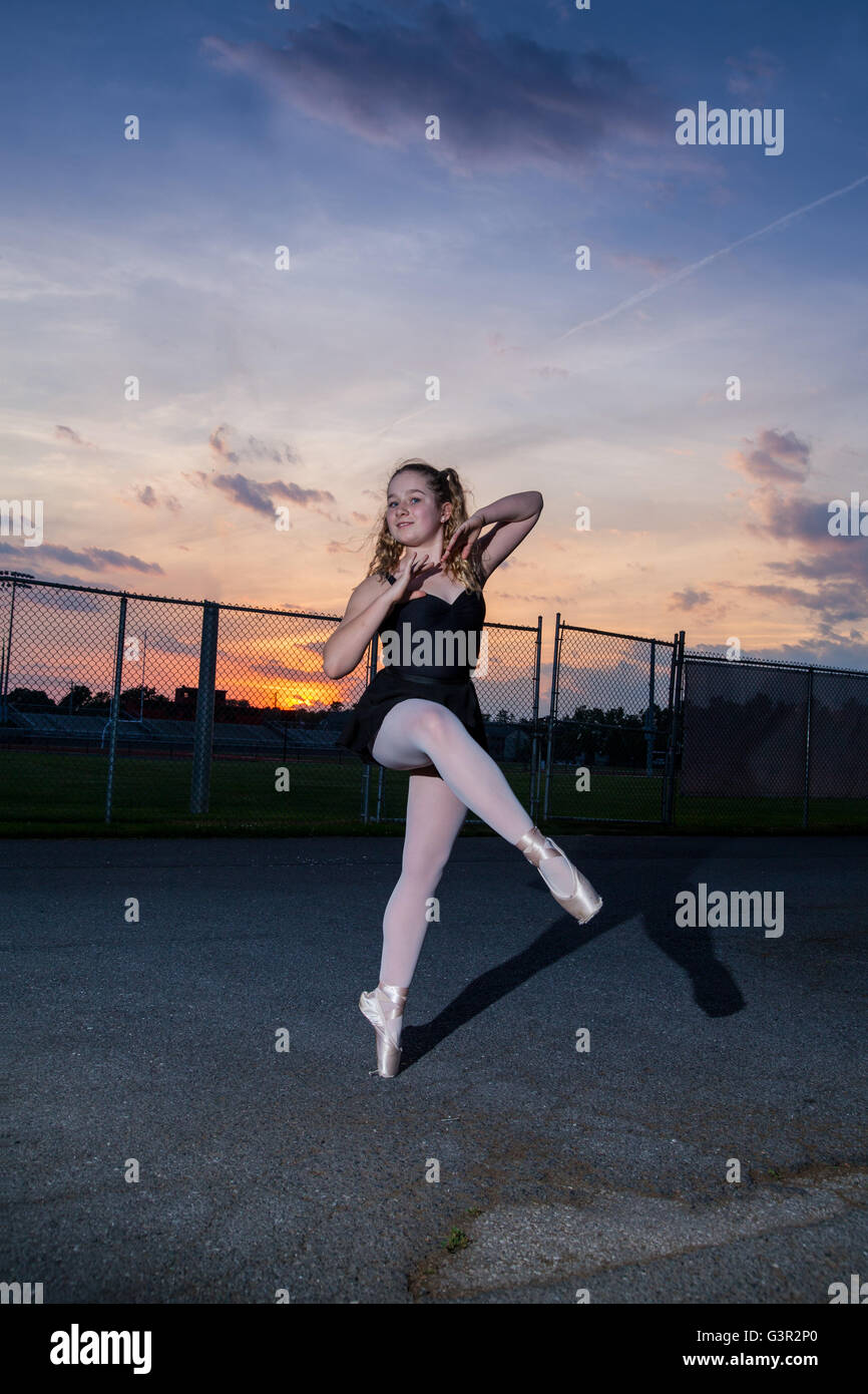 Young Tween Caucasian Girl practices Ballet in her Backyard Stock Photo ...