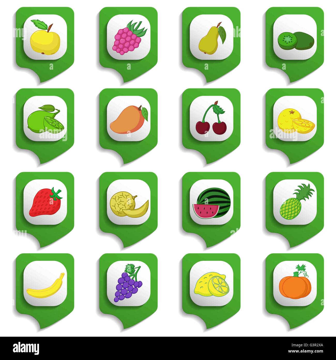 Raw fruits and vegetables icon set on green substrates Stock Vector ...