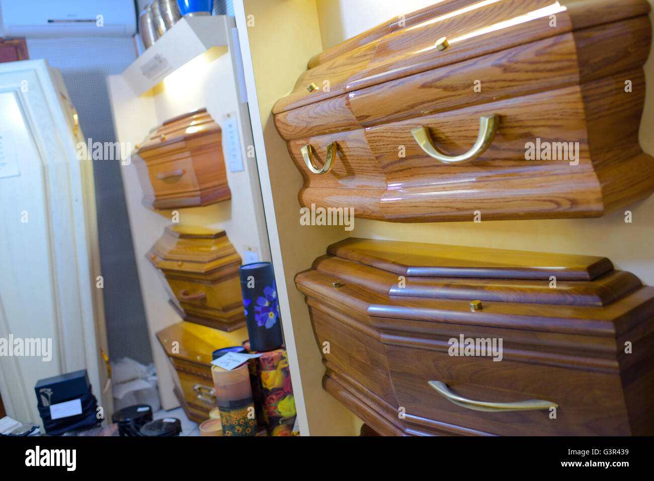 Display of different styles of coffins Stock Photo - Alamy