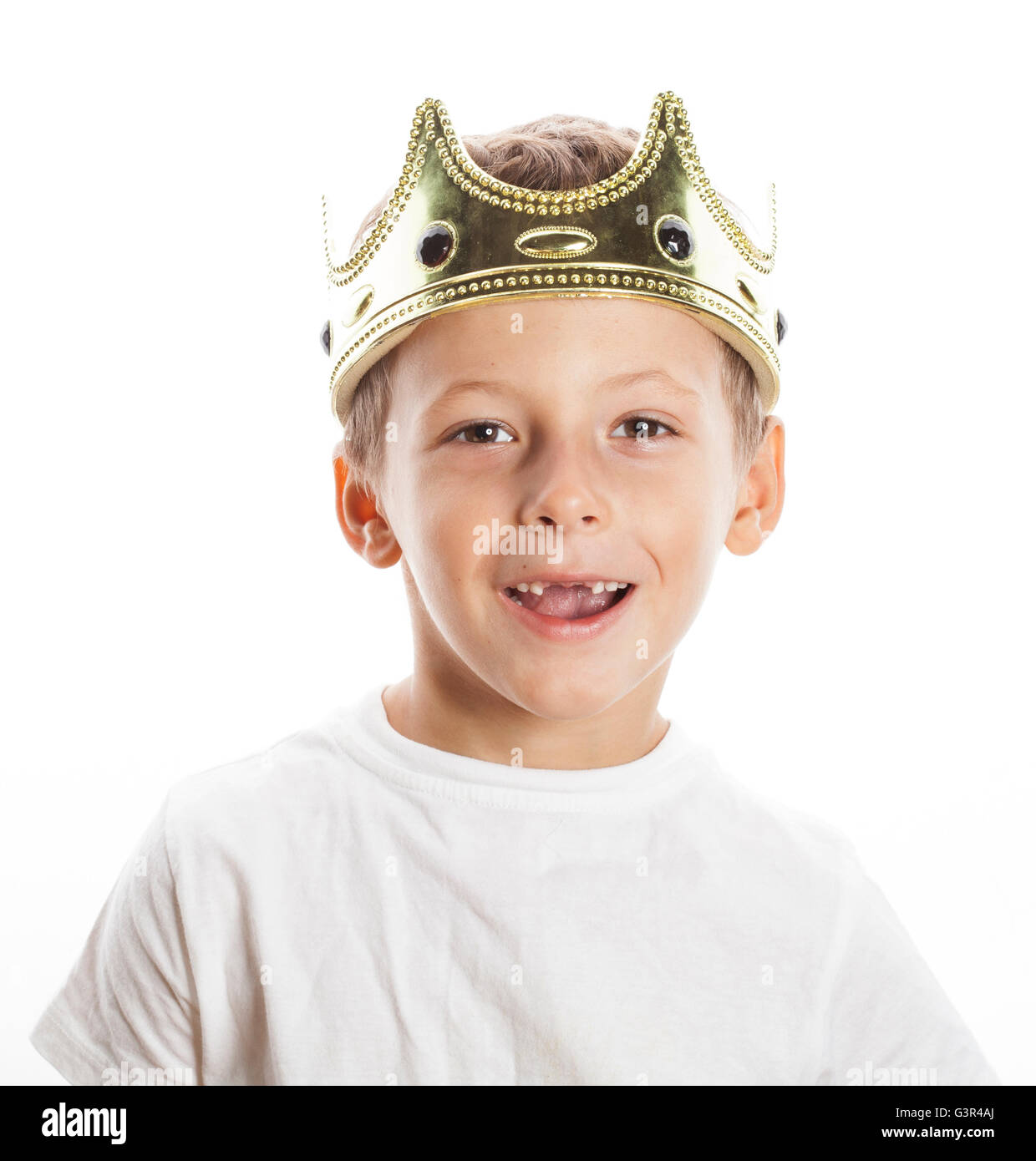 little cute boy wearing crown isolated close up on white Stock Photo ...