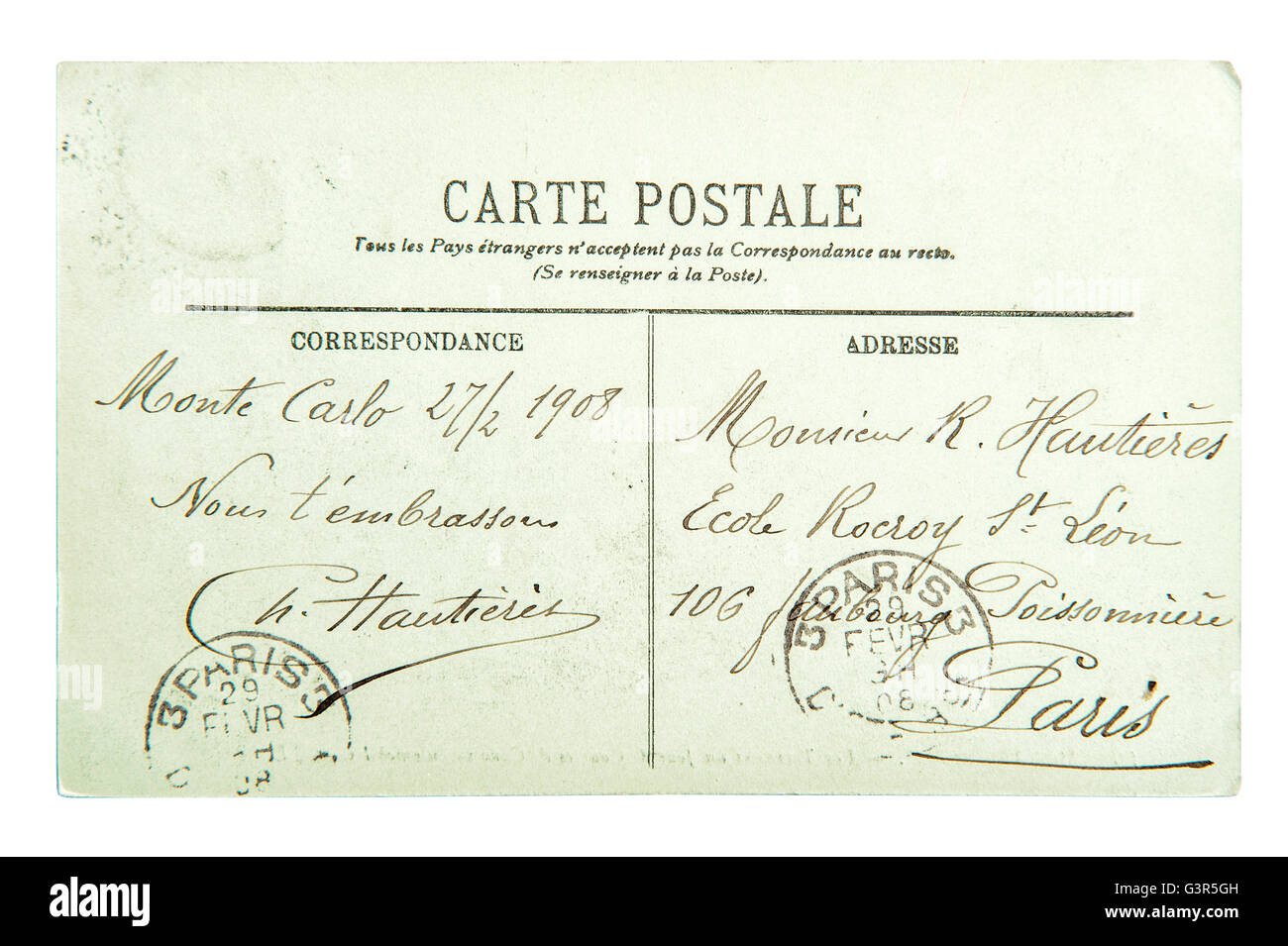 Calligraphic handwritten french postcard with vintage unreadable text ...