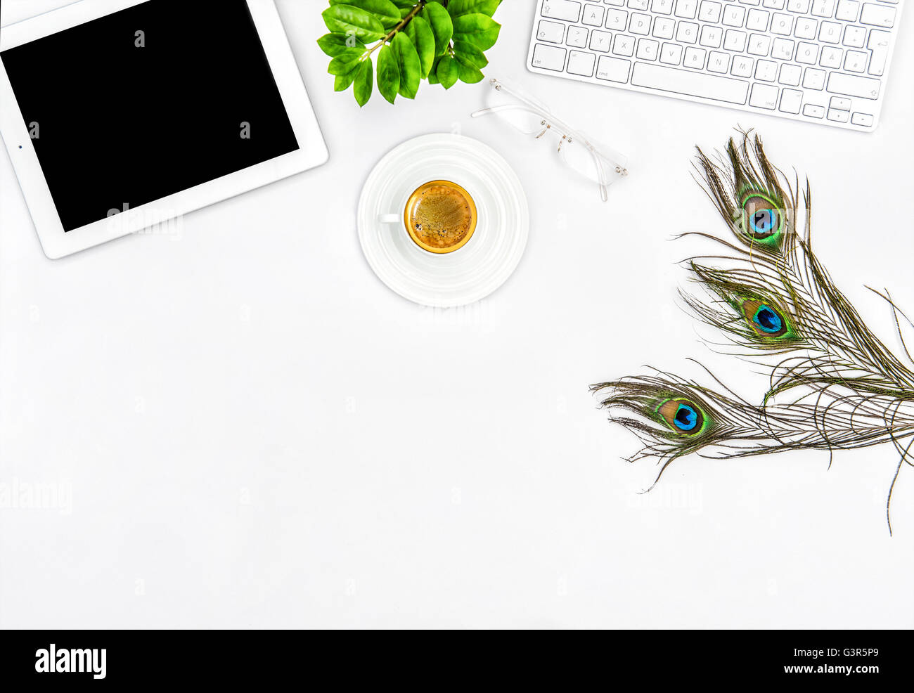 Office desk with coffee, keyboard, tablet pc. Flat lay. Mock up for ...