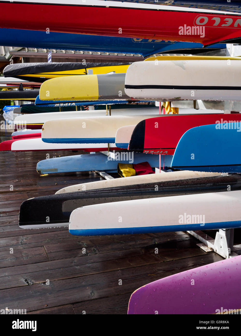 Image of rowing shells stacked in a rack, in portrait format Stock ...