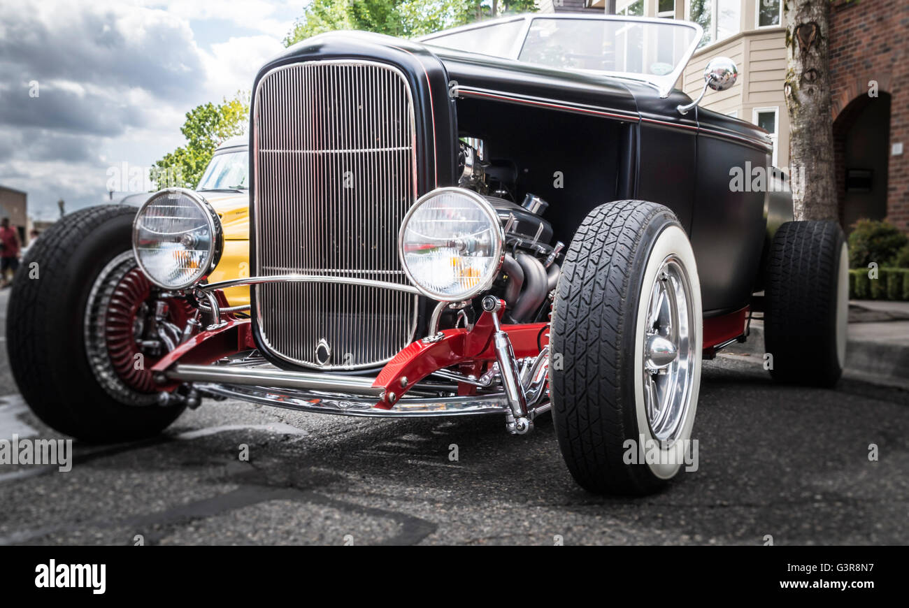 Image of a black street rod from a low frontal view Stock Photo - Alamy