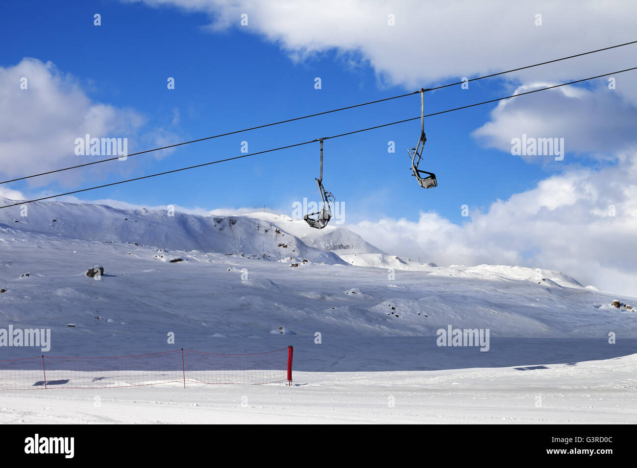 Chair-lift at ski resort. Greater Caucasus, Mount Shahdagh. Qusar rayon ...