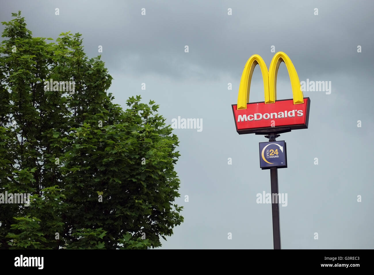 McDonald’s roadside restaurant sign with golden arches against an ...