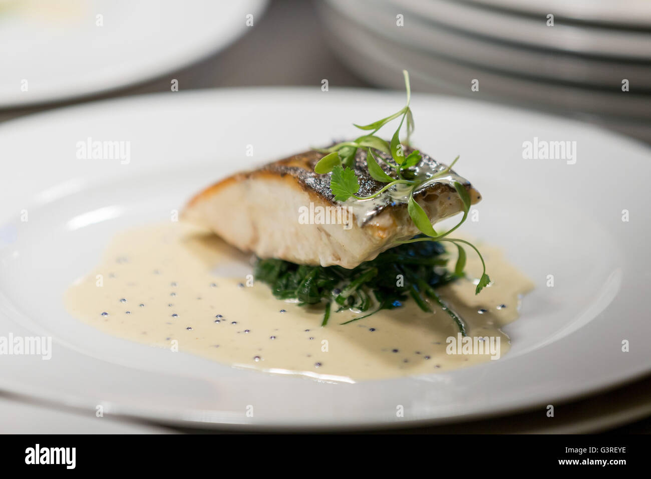 A chef prepared fish dish prepared for a wedding event Stock Photo - Alamy