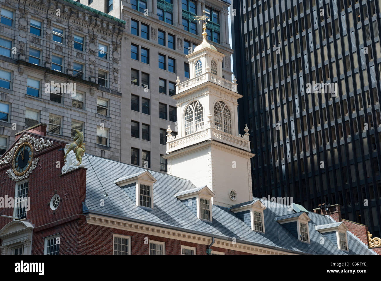 The historic building surrounded by modern skyscrapers in Boston ...