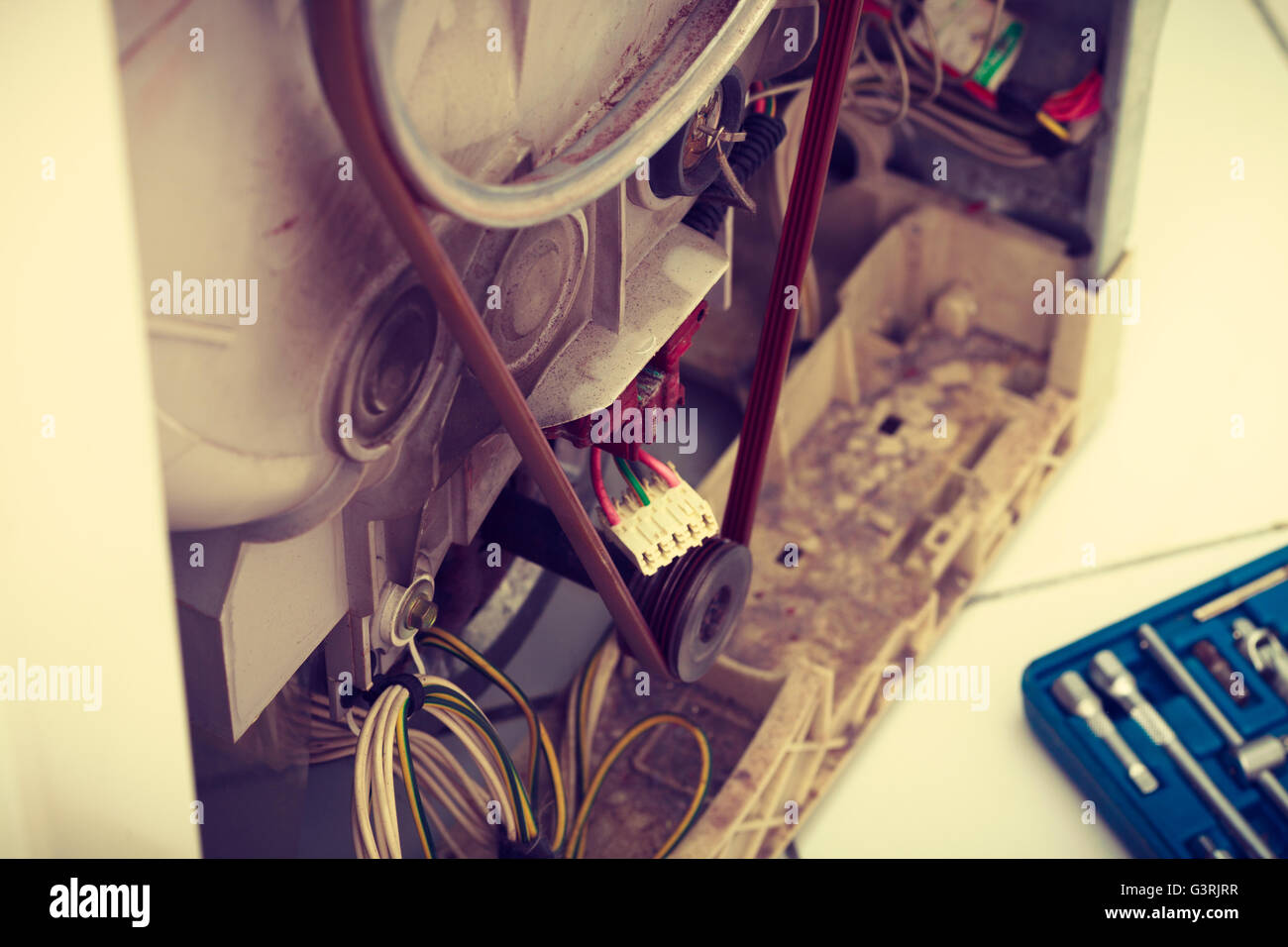 Repair mechanical industrial domestic concept. Insides of broken device ...