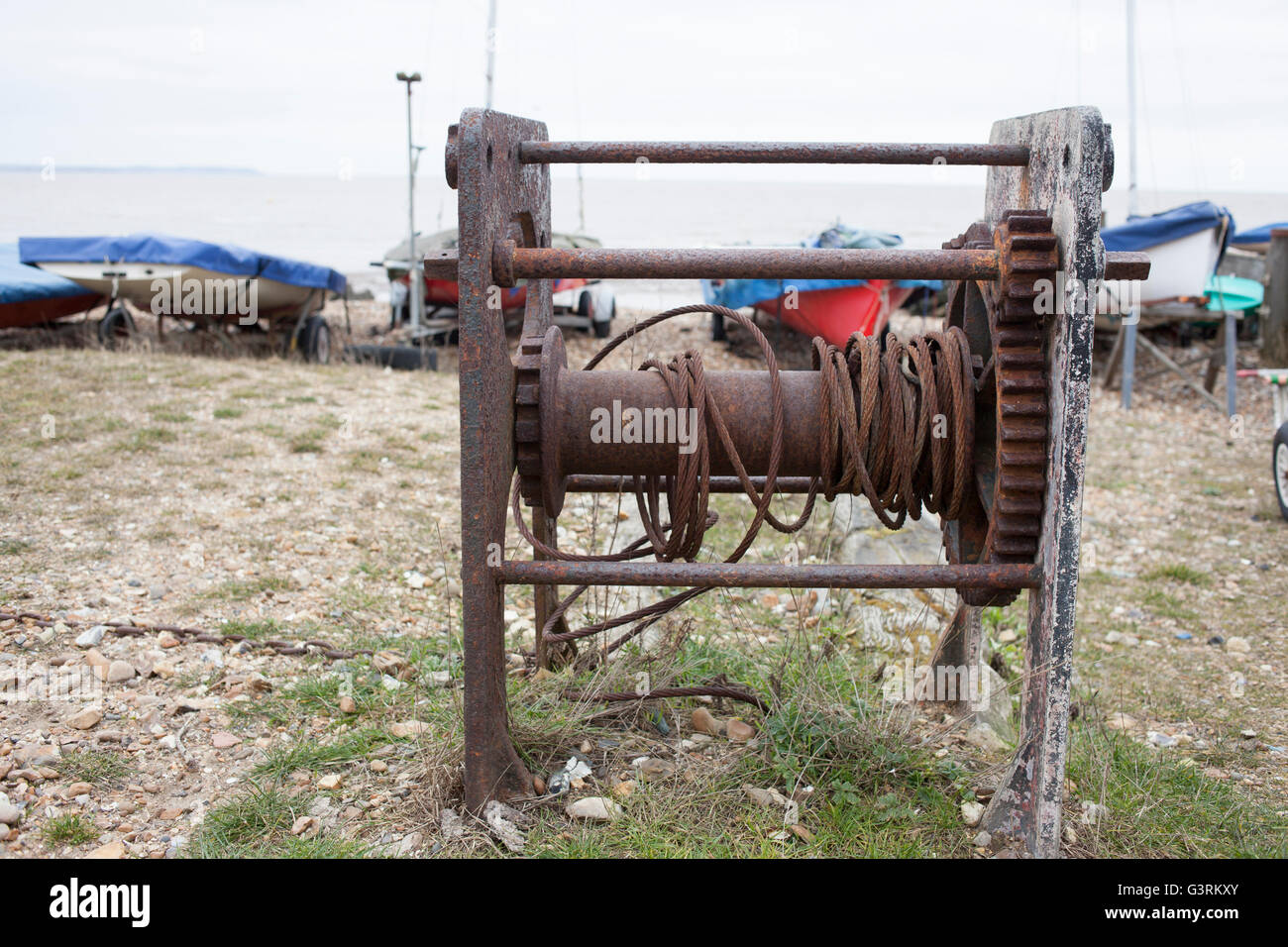 A boat winch on the beach at Whitstable, Kent Stock Photo - Alamy