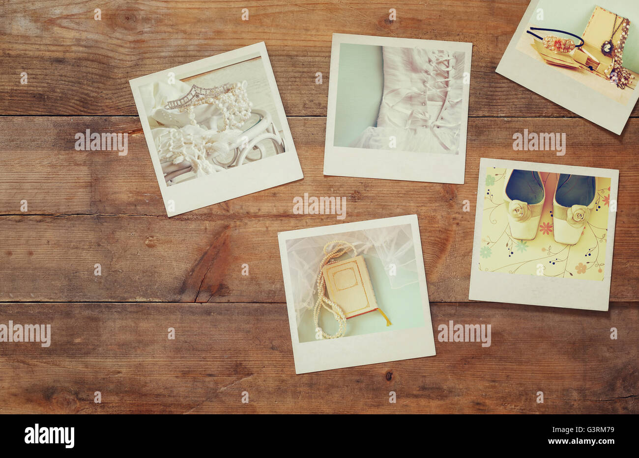 top view of instant polaroid photos album on wooden background Stock ...