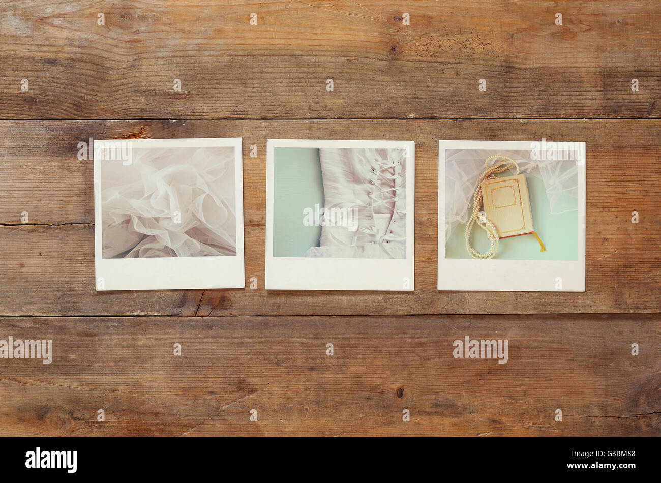top view of instant polaroid photos album on wooden background Stock ...