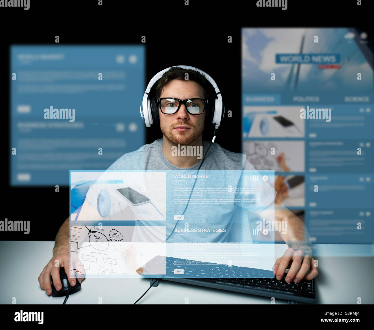 man in headset computer over virtual media screens Stock Photo - Alamy
