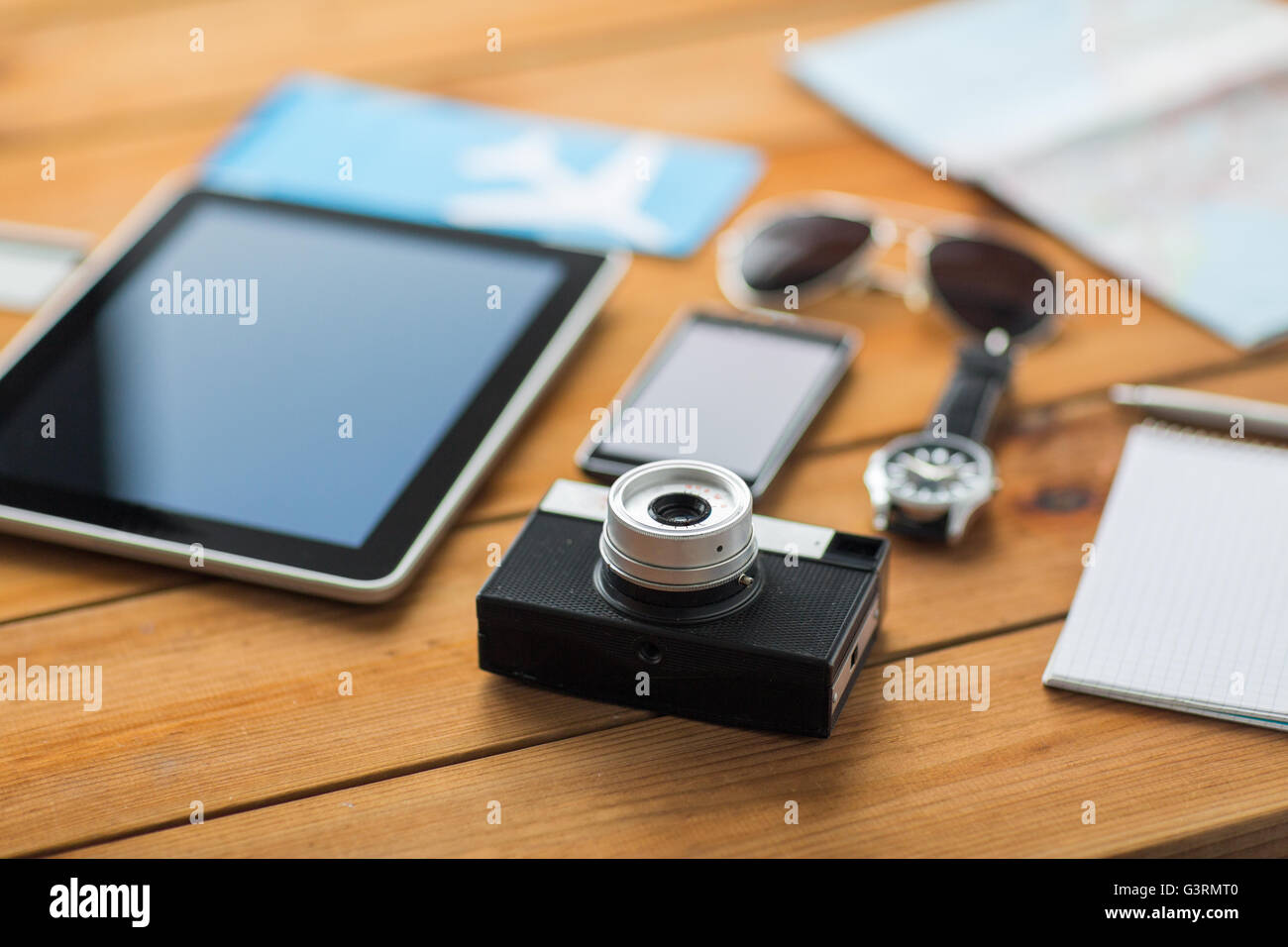 close up of camera, gadgets and personal stuff Stock Photo - Alamy
