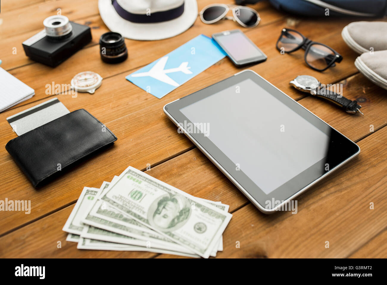 close up of gadgets and traveler personal stuff Stock Photo - Alamy