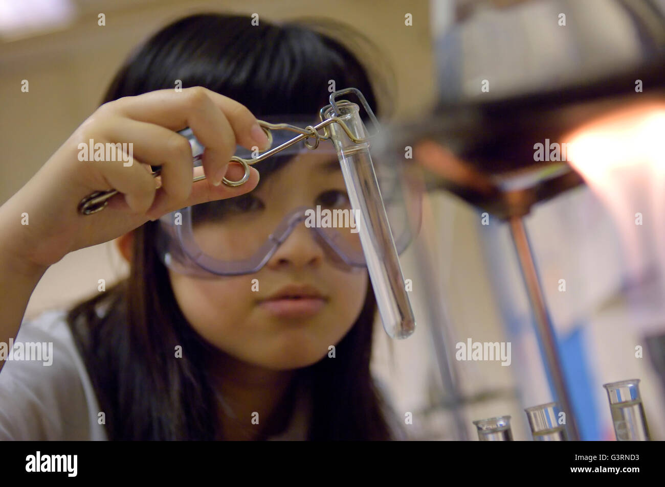 A female pupil holding a test tube during science lesson experiment ...