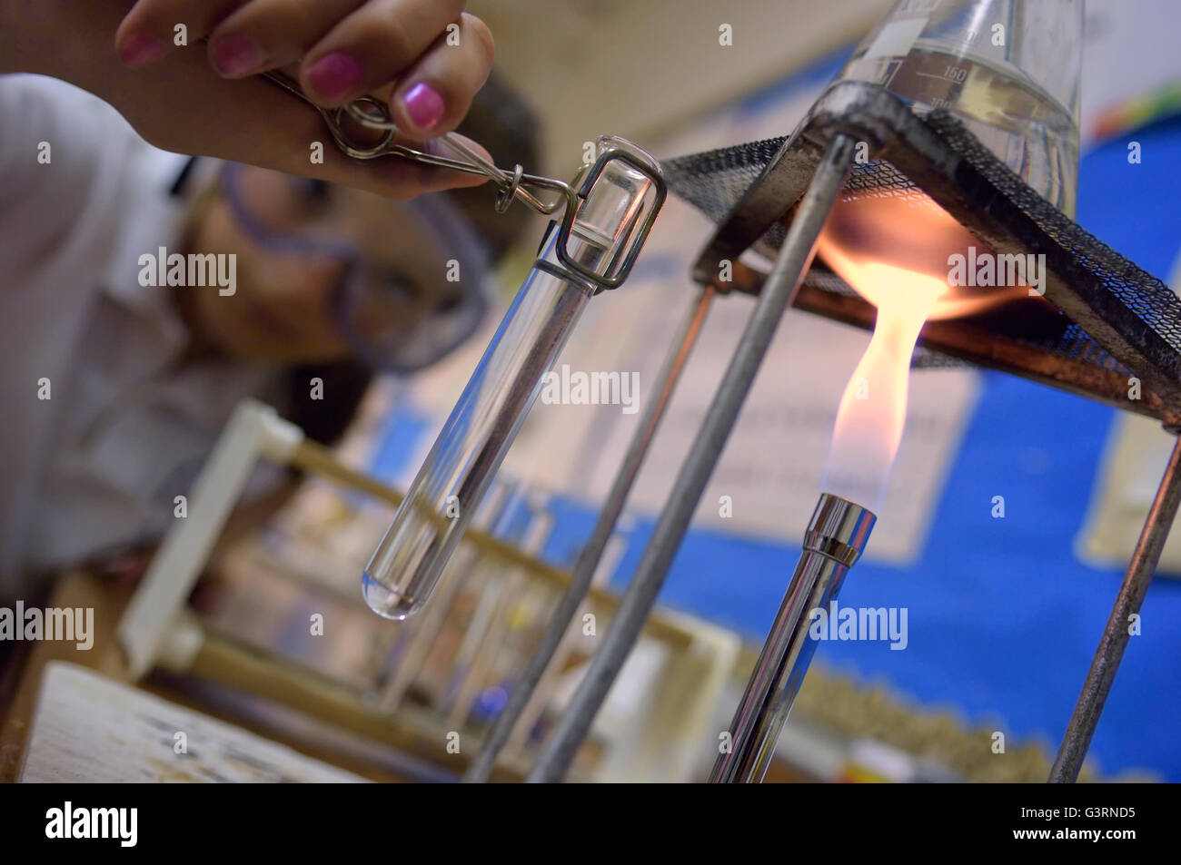 A female pupil holding a test tube during science lesson experiment ...
