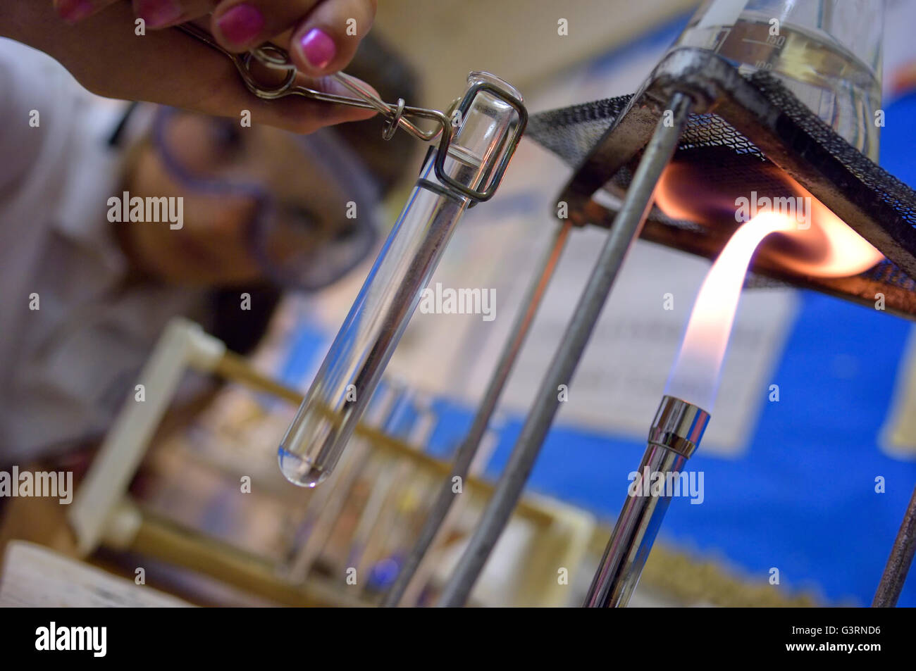 A female pupil holding a test tube during science lesson experiment ...