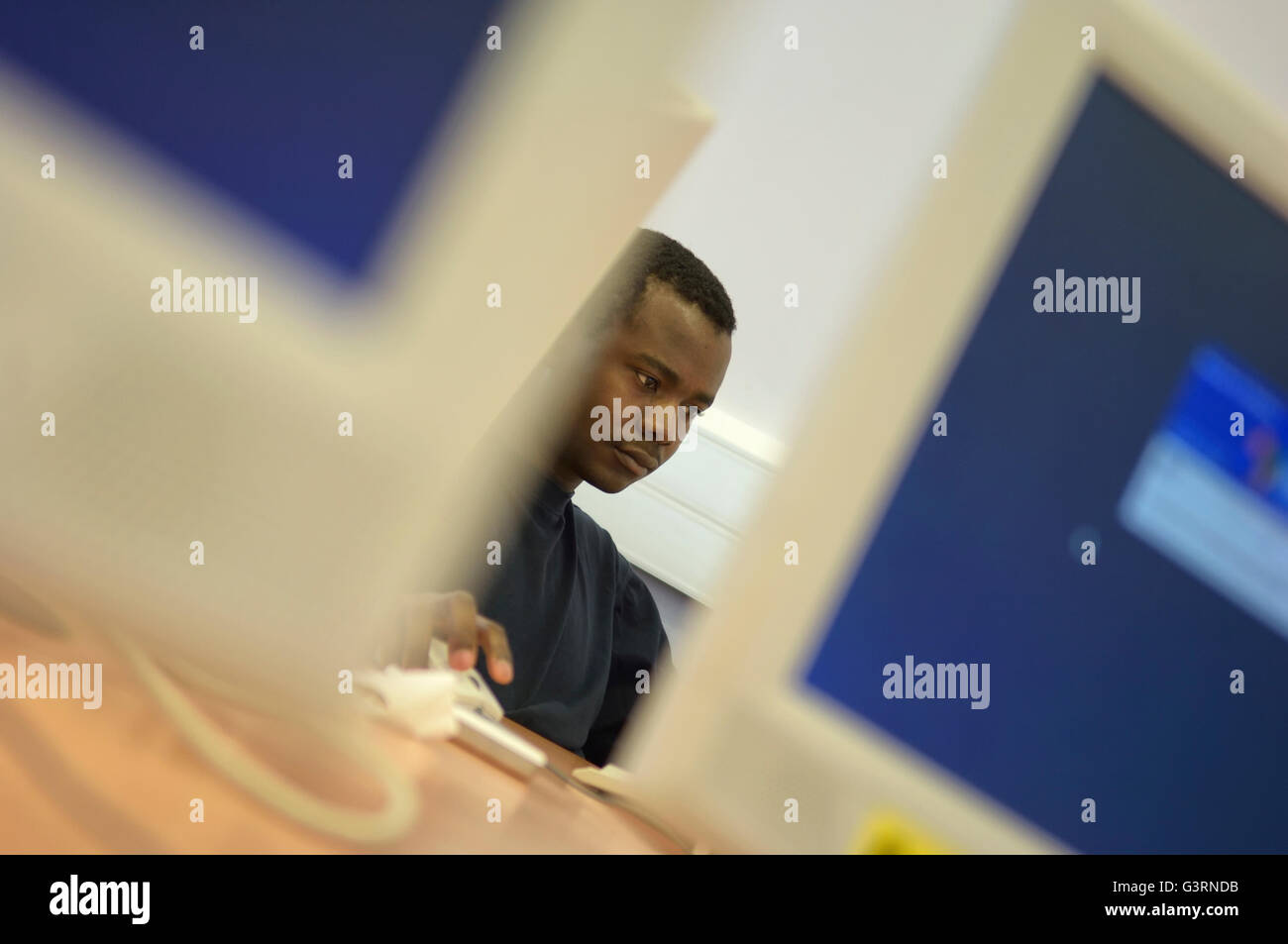 male student using a computer at university. Hastings. East Sussex. UK ...