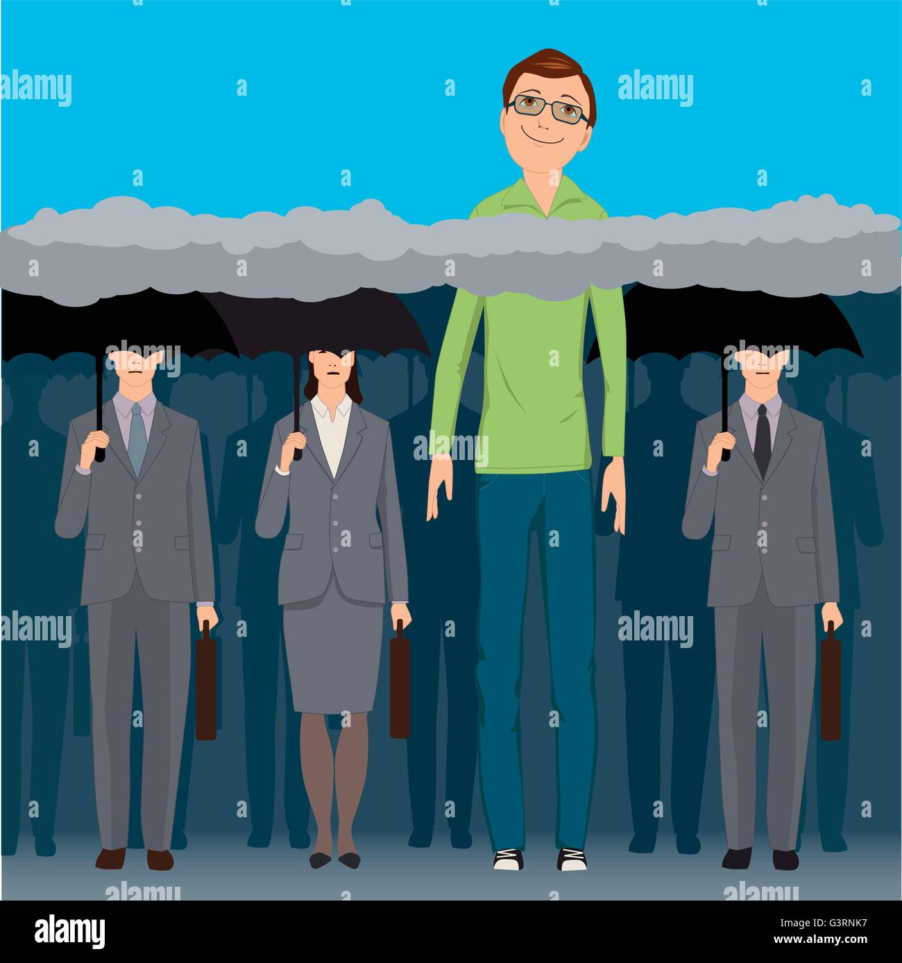 A very tall smiling man standing an a crowd of faceless business people ...