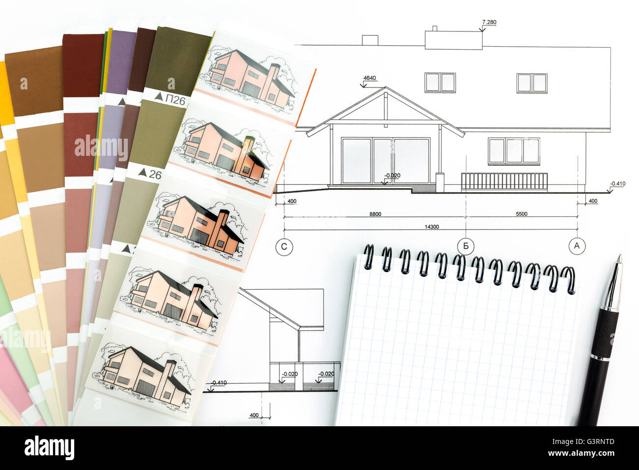 Blueprint of architectural drawing with notepad and color samples Stock ...